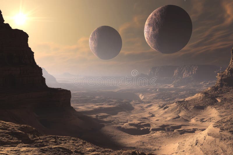 Illustration of a Distant Planet with Two Moons in the Sky, Casting ...