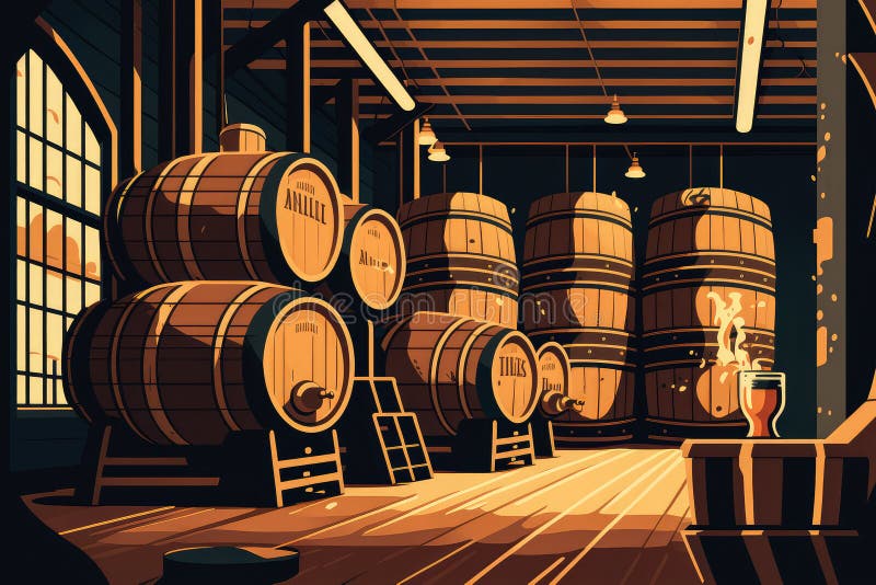 Illustration of a Distillery Barrel Room with Whiskey Barrels Aging ...