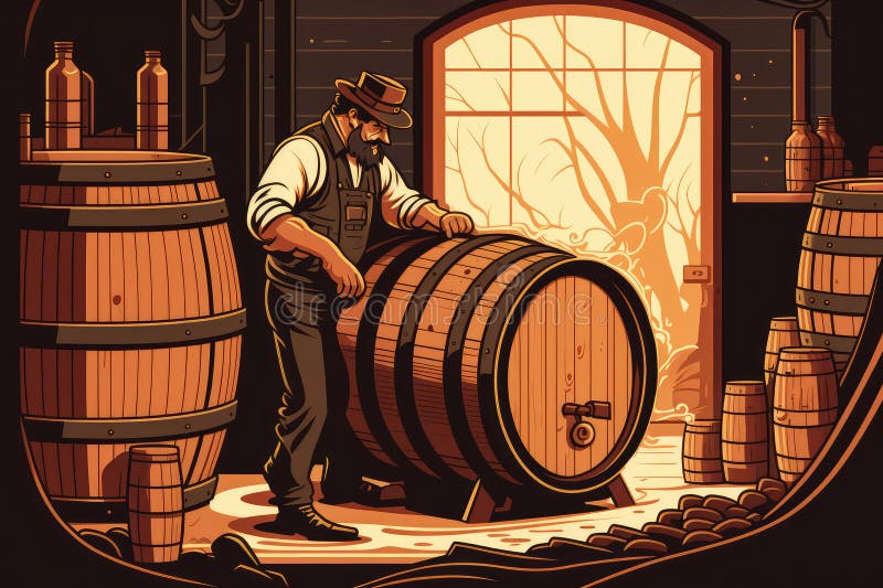 Illustration of a Distillery Worker Checking the Whiskey Barrel ...
