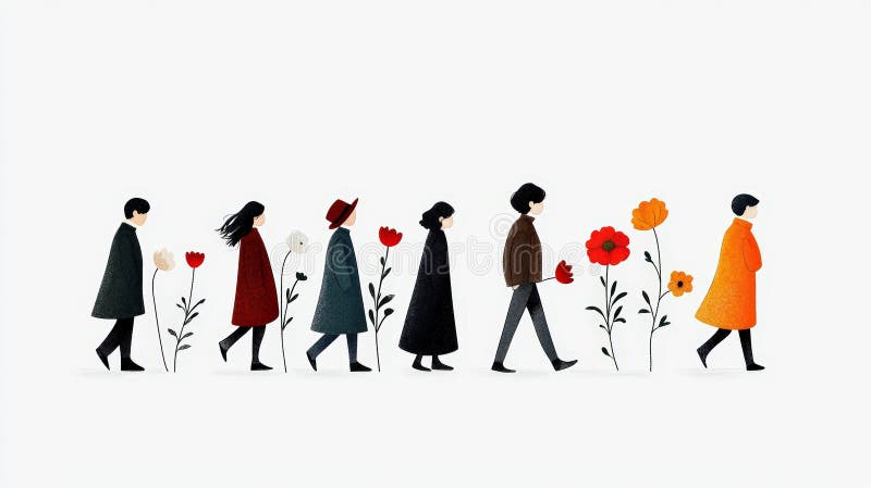 Illustration of Diverse Figures Walking among Colorful Flowers ...