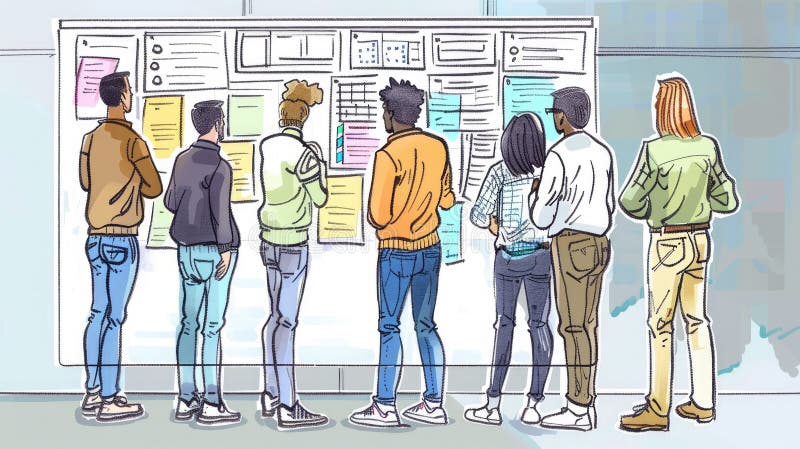 Illustration of Diverse Group of People Looking at a Board with Sticky ...