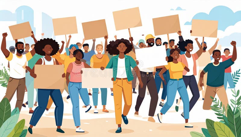 Diverse Group Protesting with Signs, Marching Together Stock ...