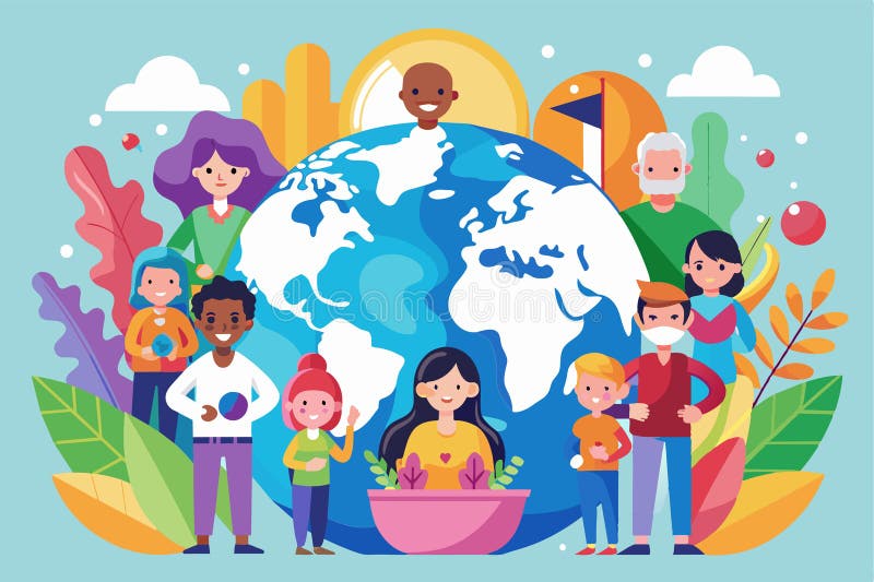 Illustration of a Diverse Group of People Standing Around the Globe ...