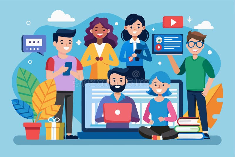 Illustration of Diverse Group Using Technology for an Online Video Call ...