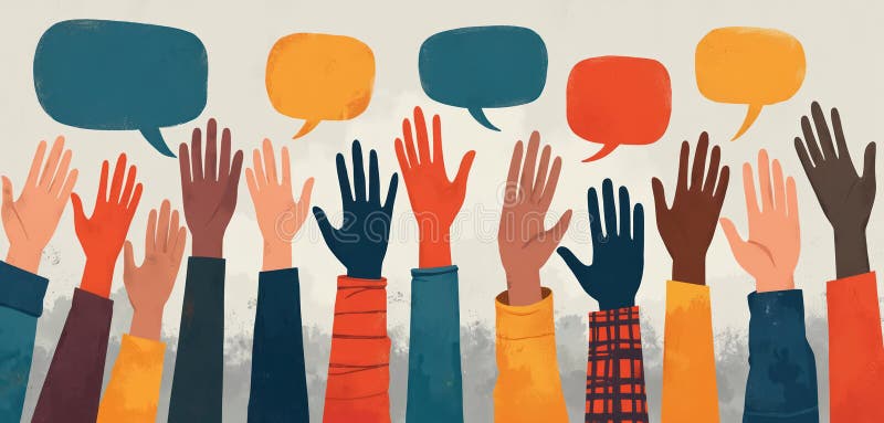 Illustration Diverse Hands Raised with Speech Bubbles. Represents Unity ...