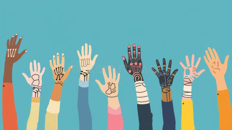 Diverse Hands Raised in Unity on a Vibrant Orange Background ...