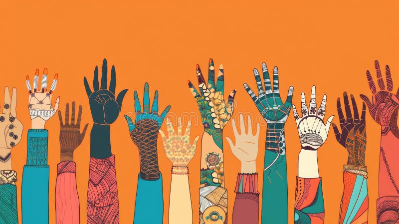 Diverse Hands Raised in Unity on a Vibrant Orange Background ...