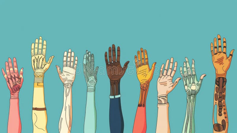 Diverse Hands Raised in Unity on a Vibrant Orange Background ...