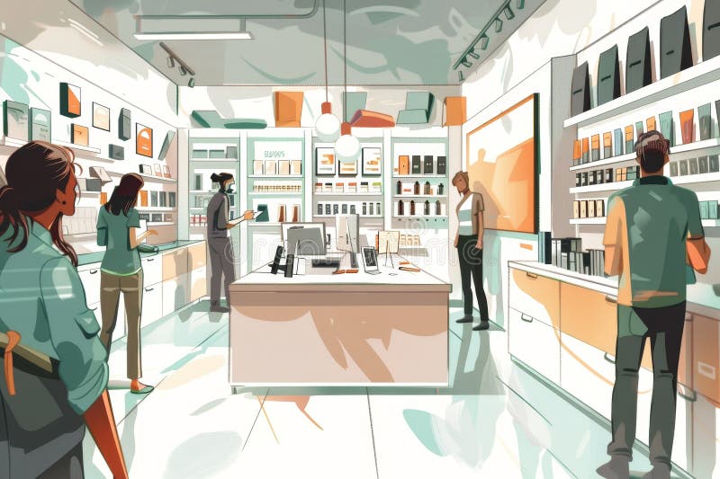 Illustration of Diverse Individuals Browsing and Purchasing Items in a ...