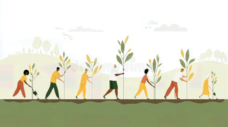 Illustration of Diverse People Planting Trees Symbolizing Unity ...