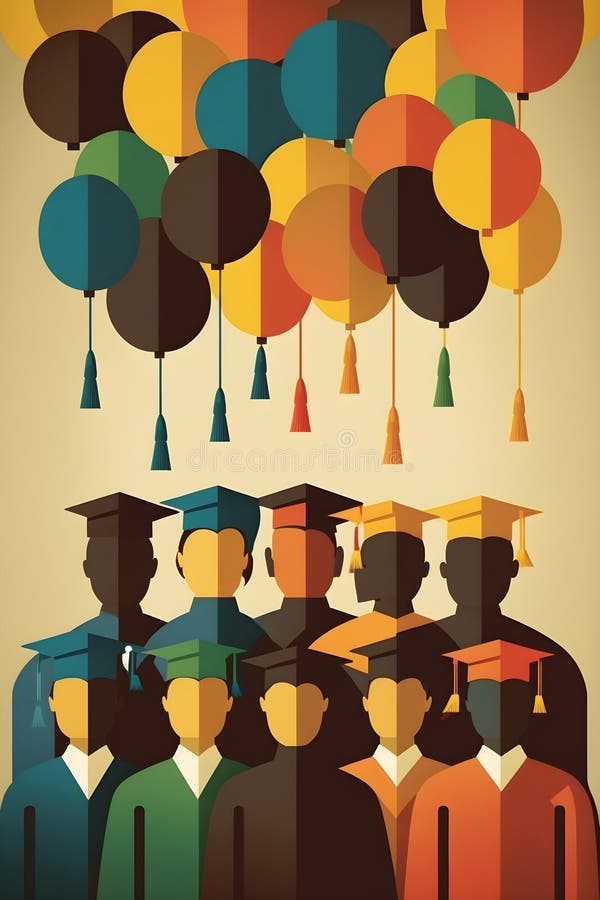Illustration of Diverse Students in Graduation Hats. Flat Retro Style ...