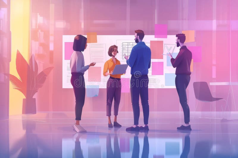 Illustration of a Diverse Team Collaborating on a Project Using Tablets ...