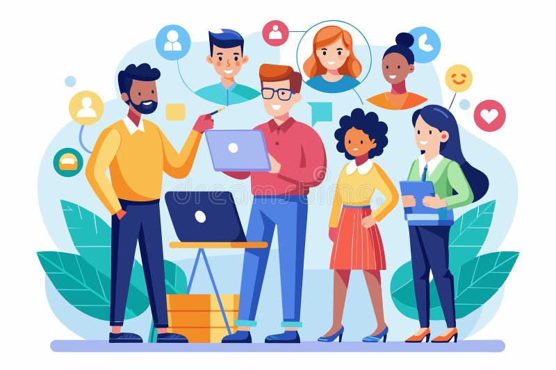 Illustration of a Diverse Team Working Together on a Project, Using a ...