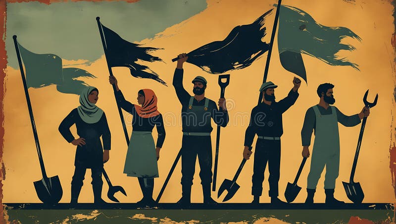 Illustration of Diverse Workers Holding Flags and Tools in a Vintage ...