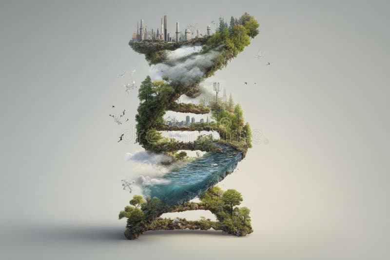 Illustration of DNA Strand Interacting with Environmental Elements, Eco ...