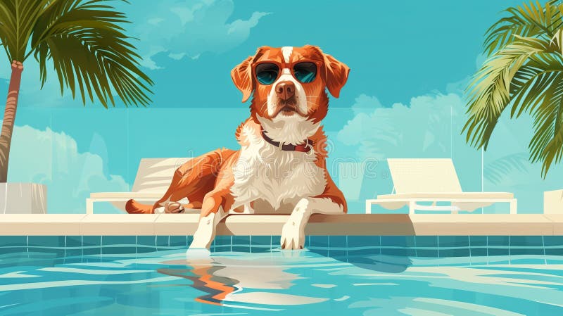Illustration of Dog on Vacation at Swimming Pool Stock Photo - Image of ...