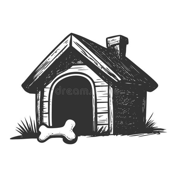 Illustration of a Doghouse with a Bone in Black and White. Stock Vector - Illustration of home ...