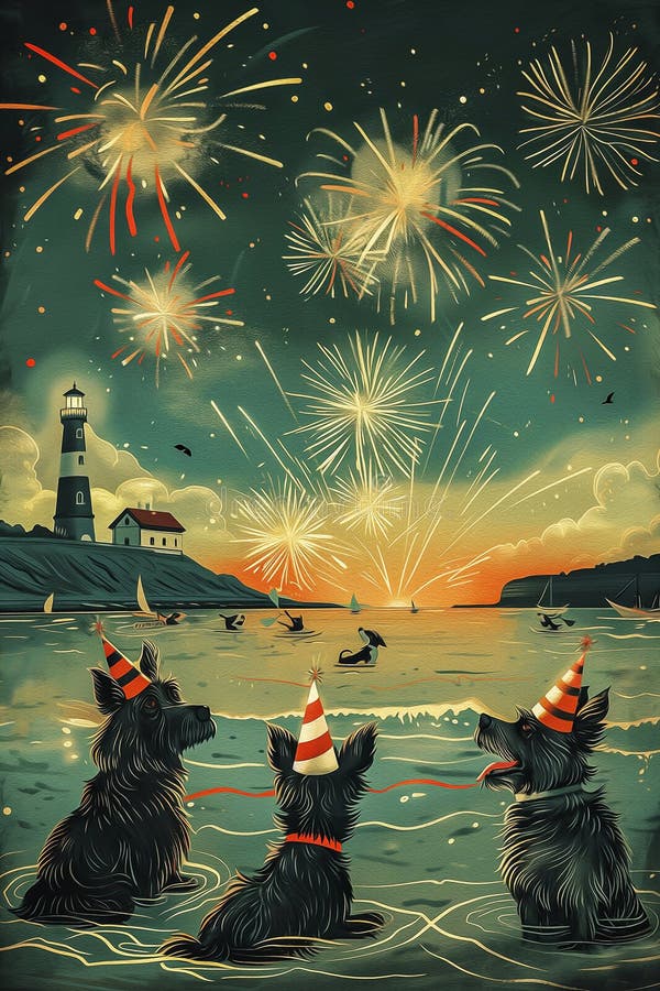 Illustration of Dogs Swimming and Celebrating Fourth of July Stock ...
