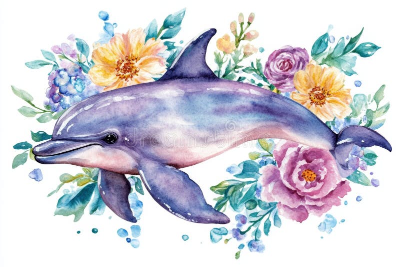 An Illustration of a Dolphin Amidst Flowers, Done in Watercolor. Stock ...