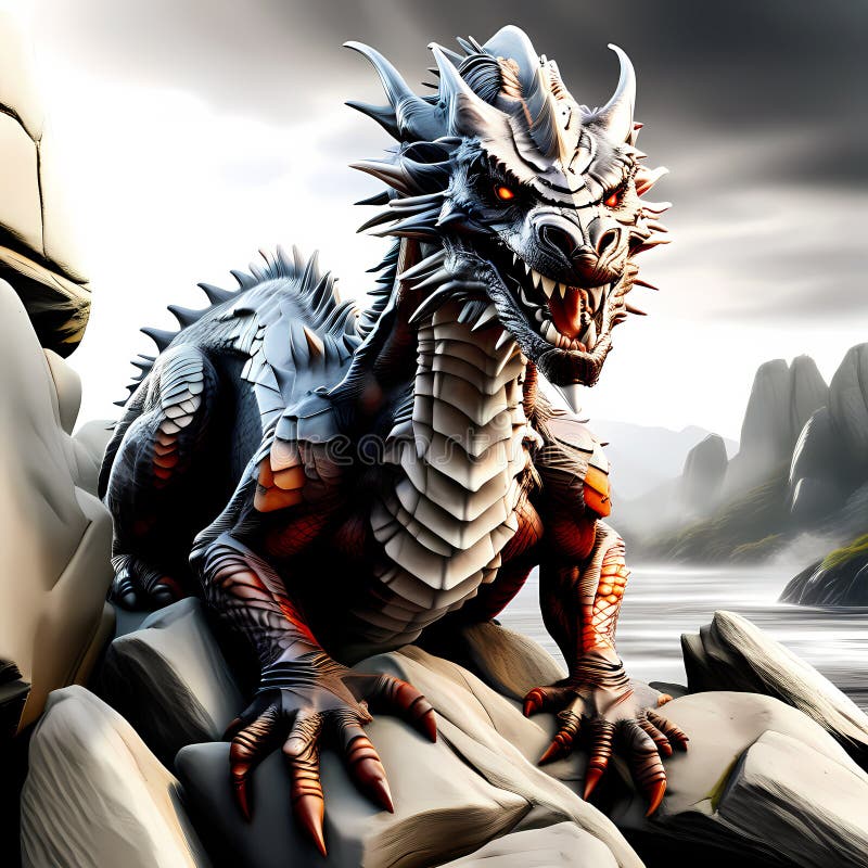 Illustration of Dragon in Rocks Isolated in White Background Stock ...