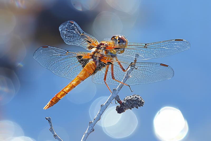 A Dragonfly Perched on the Tip of an Isolated Branch, with a Blurred ...