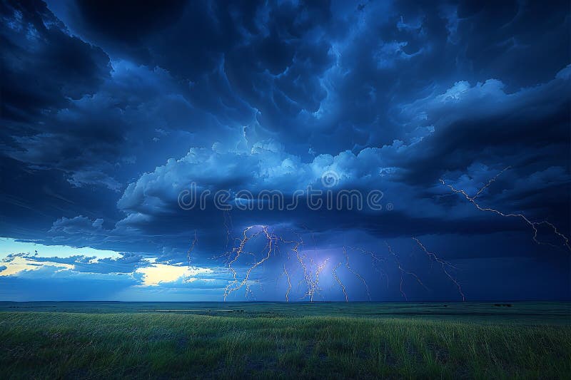 A Dramatic Sky with Dark Clouds and Lightning Over an Open Field at ...