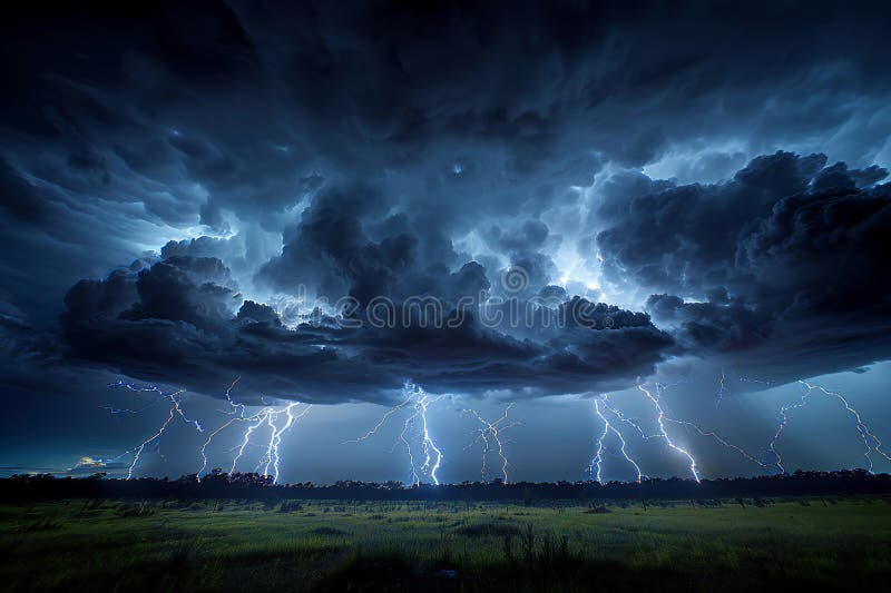 A Dramatic Sky with Dark Clouds and Lightning Over an Open Field at ...