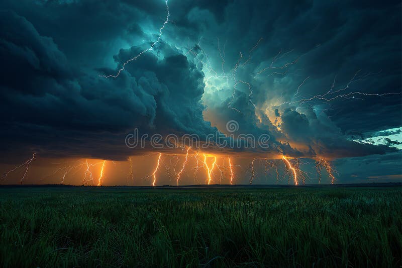 A Dramatic Sky with Dark Clouds and Lightning Over an Open Field at ...