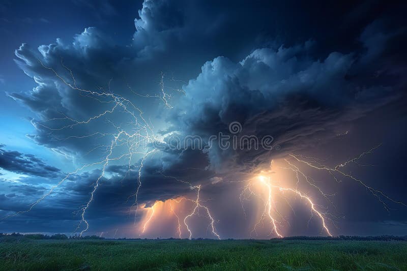 A Dramatic Sky with Dark Clouds and Lightning Over an Open Field at ...