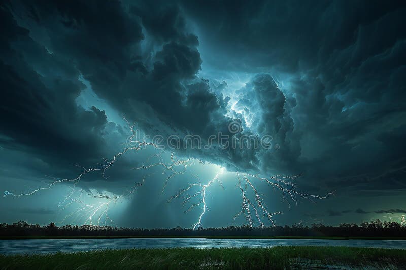 A Dramatic Sky with Dark Clouds and Lightning Over an Open Field at ...
