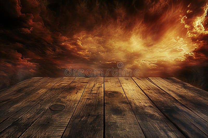 Dramatic Sky with Stormy Clouds and Wooden Floor, Collage Stock ...