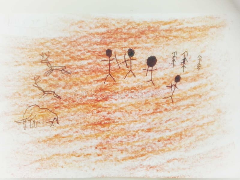 Illustration Drawing Cave Painting, Caveman on a Hunt Stock ...