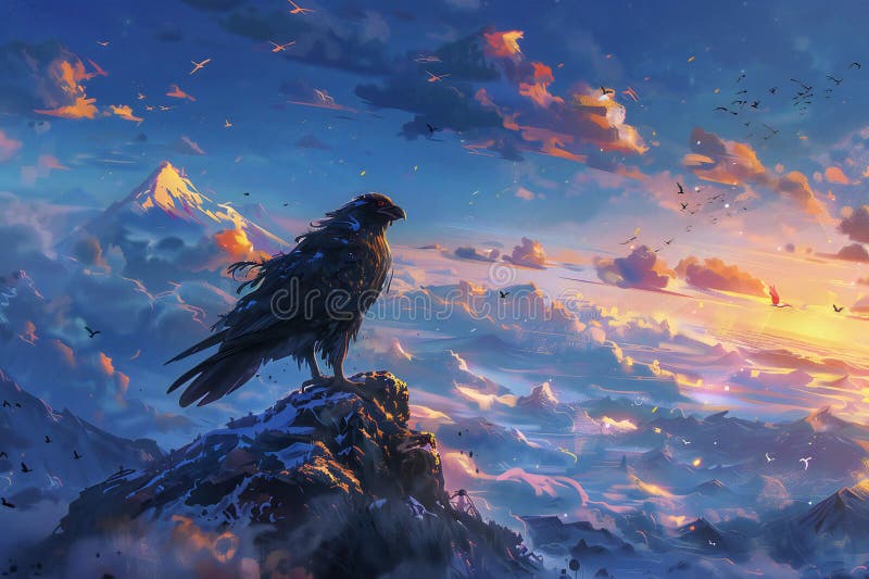 Drawing of a Crow on a Rock in the Mountains at Sunset Stock ...