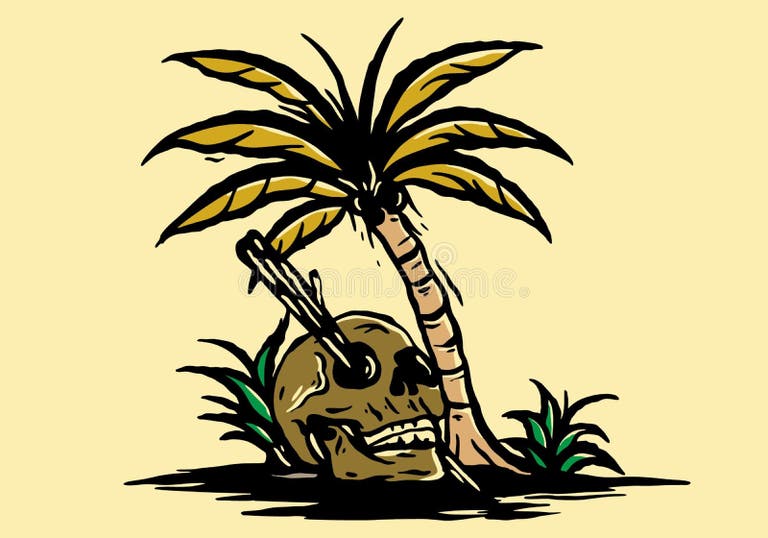 Illustration Drawing of Skeleton Head with Coconut Tree Stock Vector ...