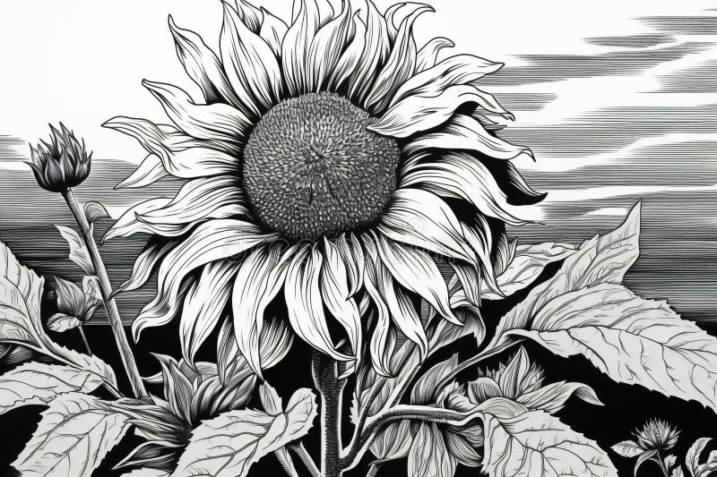 Drawing of Sunflower in Black and White, Hand-drawn Illustration Stock ...