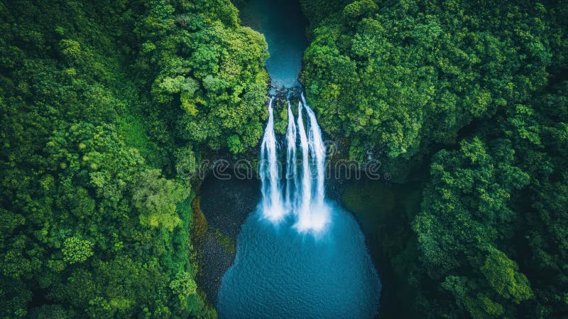 Illustration of Drone View of a Waterfall in Green Forest Landscape ...