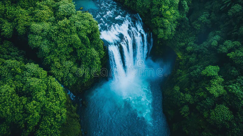Illustration of Drone View of a Waterfall in Green Forest Landscape ...