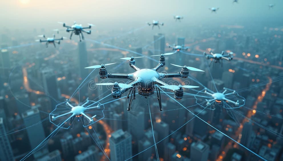 Illustration of Drones Network Above City. Data Processing at Edge of Network Reduces Latency ...