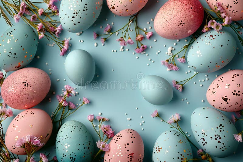 Dye-fresh Easter Eggs Edge a Pale Cerulean Field with Blank Zone in the ...
