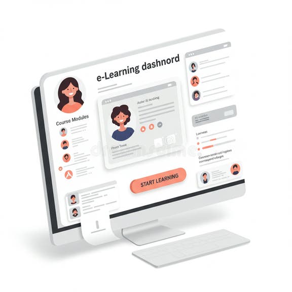 Illustration of an E-learning Dashboard on a Computer Screen. Features ...