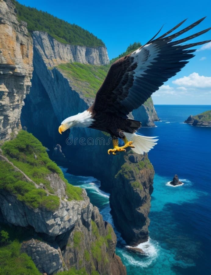 An Illustration of an Eagle on a Cliff in the Blue Sea, and Coral Rocks ...