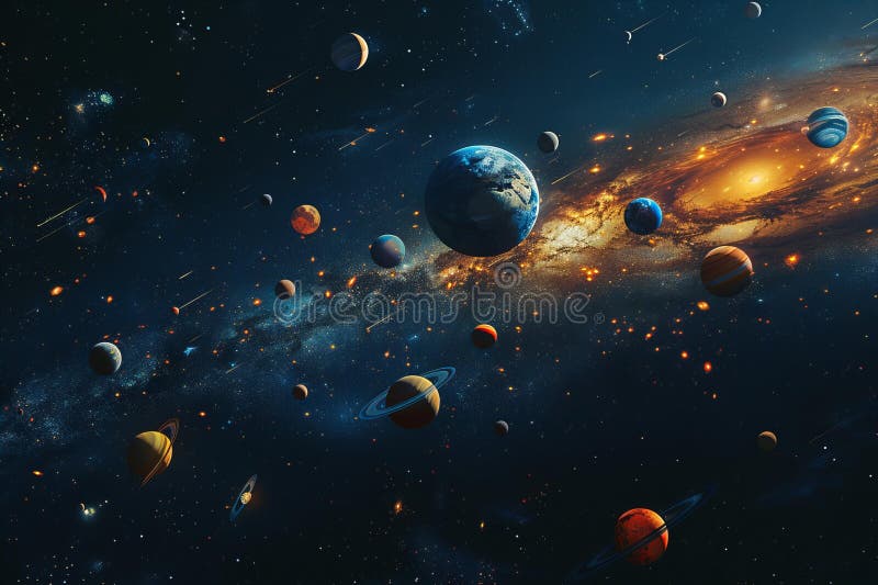 Illustration of Earth in Space with Many Planets, High Quality, High ...