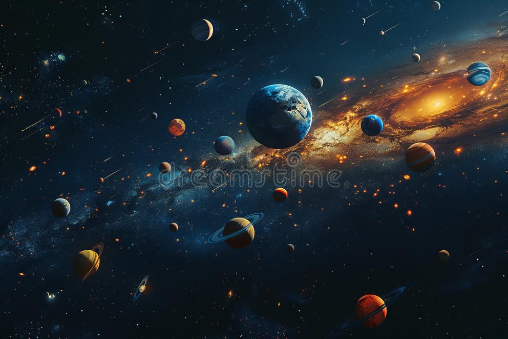 Illustration of Earth in Space with Many Planets, High Quality, High ...