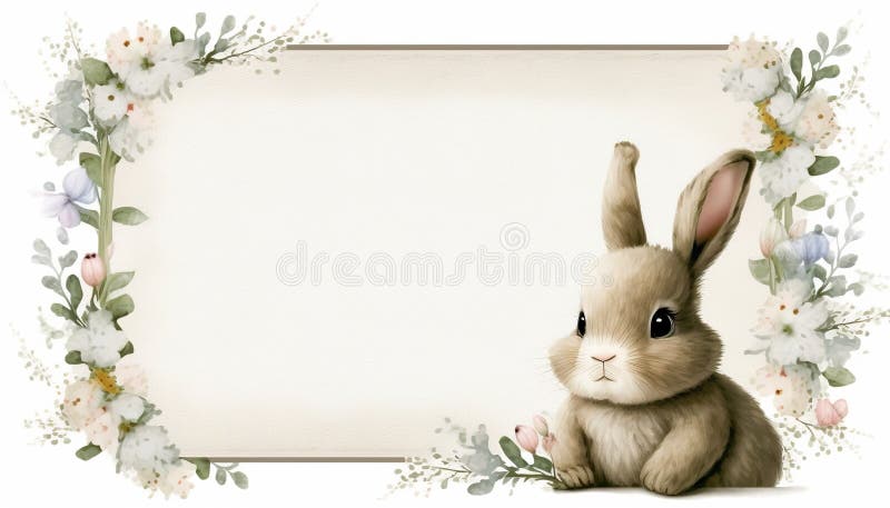 Illustration Easter Cute Bunny with White Frame and Flowers. Minimum ...