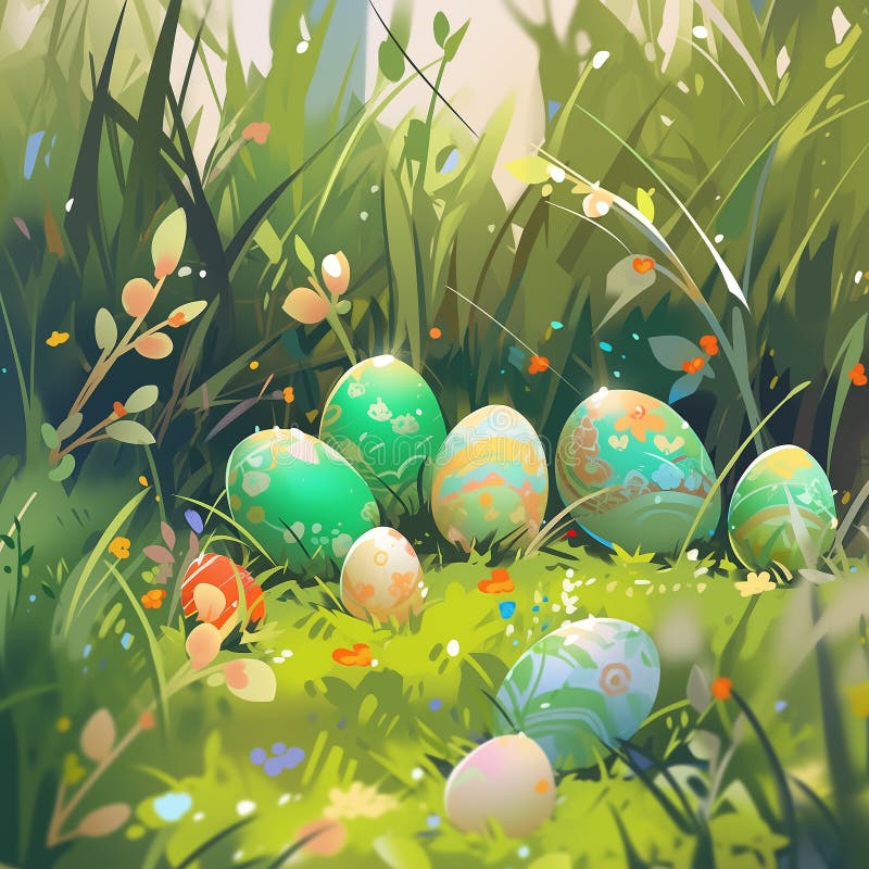 Illustration of Easter Eggs in Green Grass and Flowers in Sunshine ...