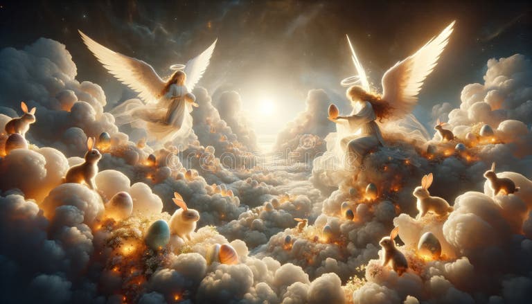 Illustration of Easter Scene in Paradise with Angels, Easter Bunny ...