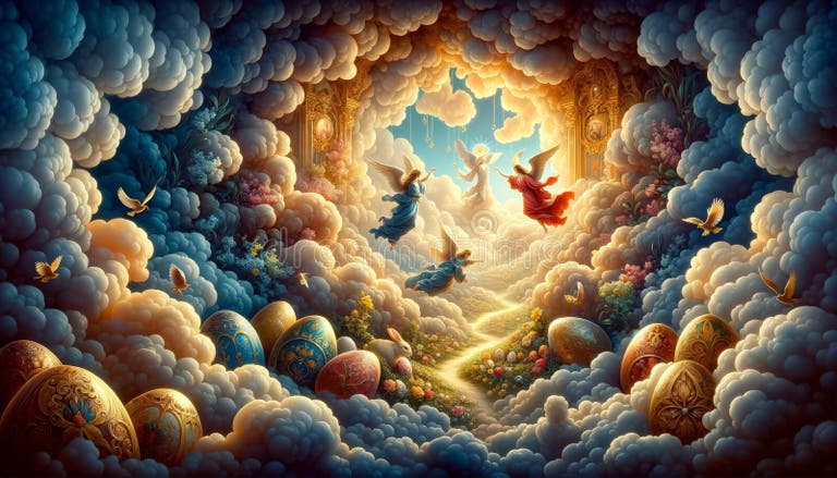 Illustration of Easter Scene in Paradise with Angels, Easter Bunny ...