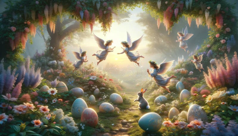 Illustration of Easter Scene in Paradise with Angels, Easter Bunny ...