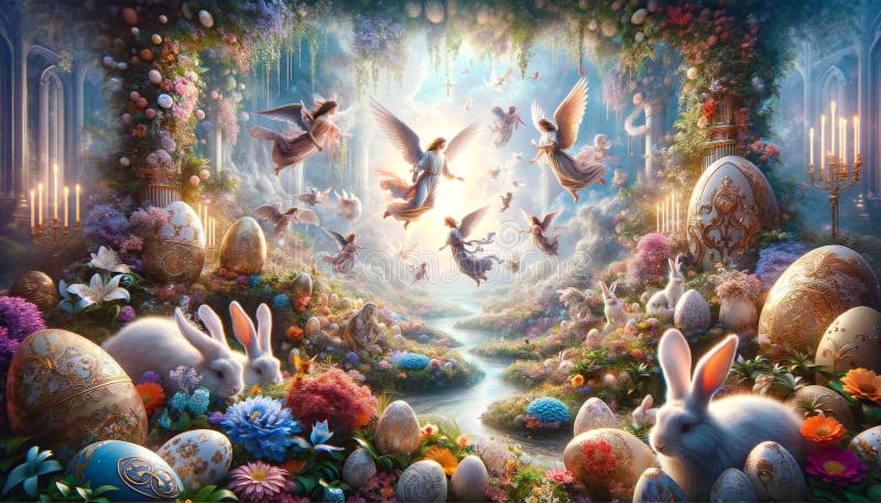 Illustration of Easter Scene in Paradise with Angels, Easter Bunny ...