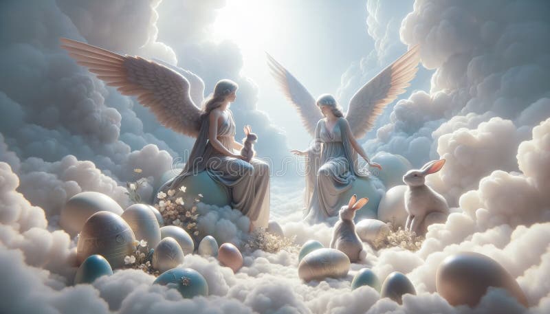 Illustration of Easter Scene in Paradise with Angels, Easter Bunny ...